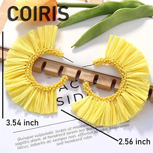 Raffia Hoop Drop Earrings for Women - Geometric C Shape Colorful Handmade Earrings, Bohemian Dangle Earrings(ER1200-Yellow)