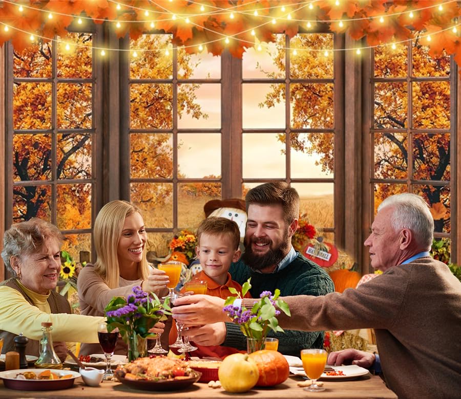 Fall Thanksgiving Backdrops for Photography Pumpkin Fall Window Photo Backdrop Scarecrow Maple Leaves Background Autumn Harvest Party Decorations Background Baby Shower Party Banner Photo Props 10x8ft