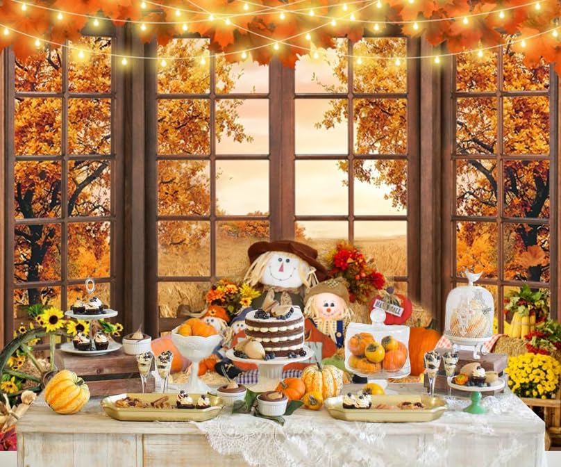 Fall Thanksgiving Backdrops for Photography Pumpkin Fall Window Photo Backdrop Scarecrow Maple Leaves Background Autumn Harvest Party Decorations Background Baby Shower Party Banner Photo Props 10x8ft