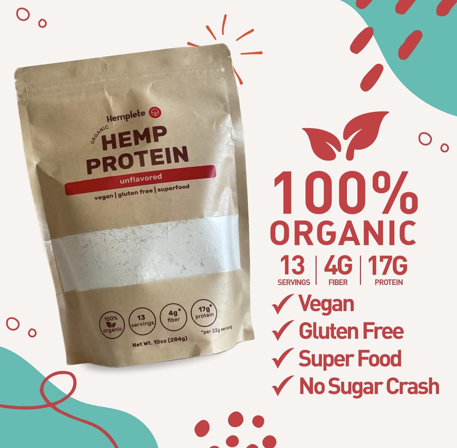 hemplete Organic Hemp Heart Unflavored Vegan Protein Powder, Plant-Based for Balanced Nutrition, All-Natural, 1 Ingredient, No Artificial Ingredients, Easy to Digest & Mix (10oz)