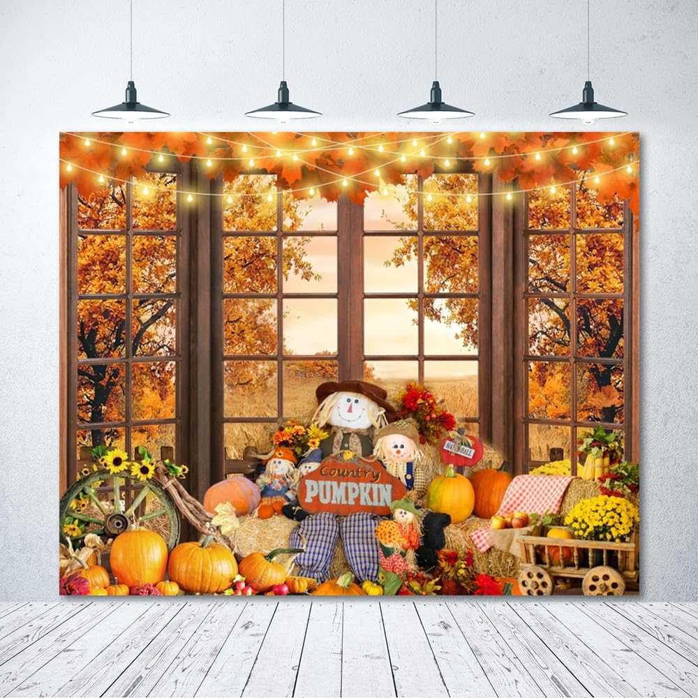 Fall Thanksgiving Backdrops for Photography Pumpkin Fall Window Photo Backdrop Scarecrow Maple Leaves Background Autumn Harvest Party Decorations Background Baby Shower Party Banner Photo Props 10x8ft