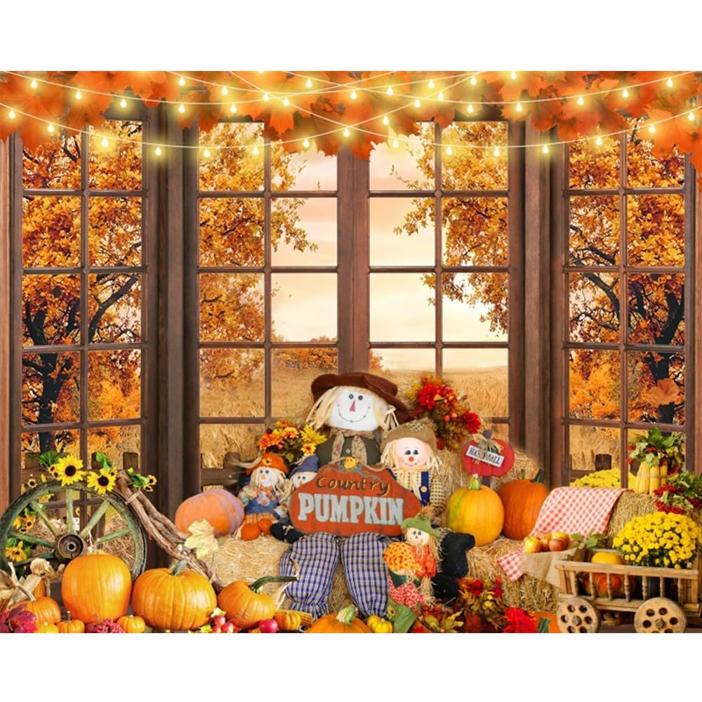 Fall Thanksgiving Backdrops for Photography Pumpkin Fall Window Photo Backdrop Scarecrow Maple Leaves Background Autumn Harvest Party Decorations Background Baby Shower Party Banner Photo Props 10x8ft