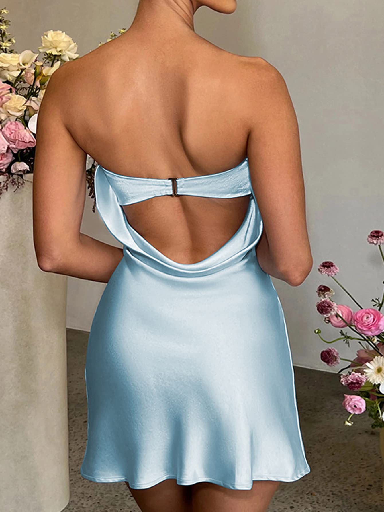 LYANER Women's Satin Silk Hollow Out Back Strapless Tube Bodycon Club Mini Dress Blue# Medium