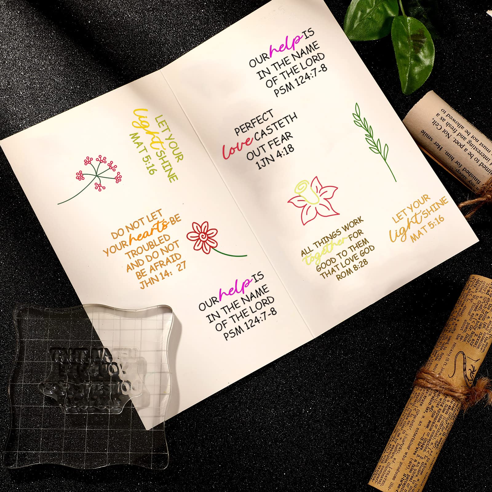 4 Sheets Stamps for Crafting Bible Verse Clear Stamps Set Acrylic Making Christian Scrapbooking Stamp Rubber 2 Pieces Blocks Tools with Grid Lines for DIY Scrapbooking Making(Classic Style)