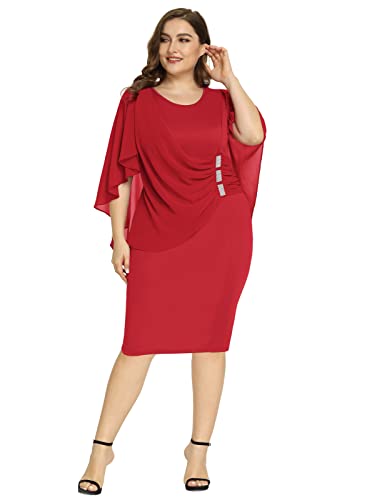 Women's Floral Fake Two Pieces Dress Caplet with Rhinestone Plus Size Wedding Guest Dresses Red 18 Plus