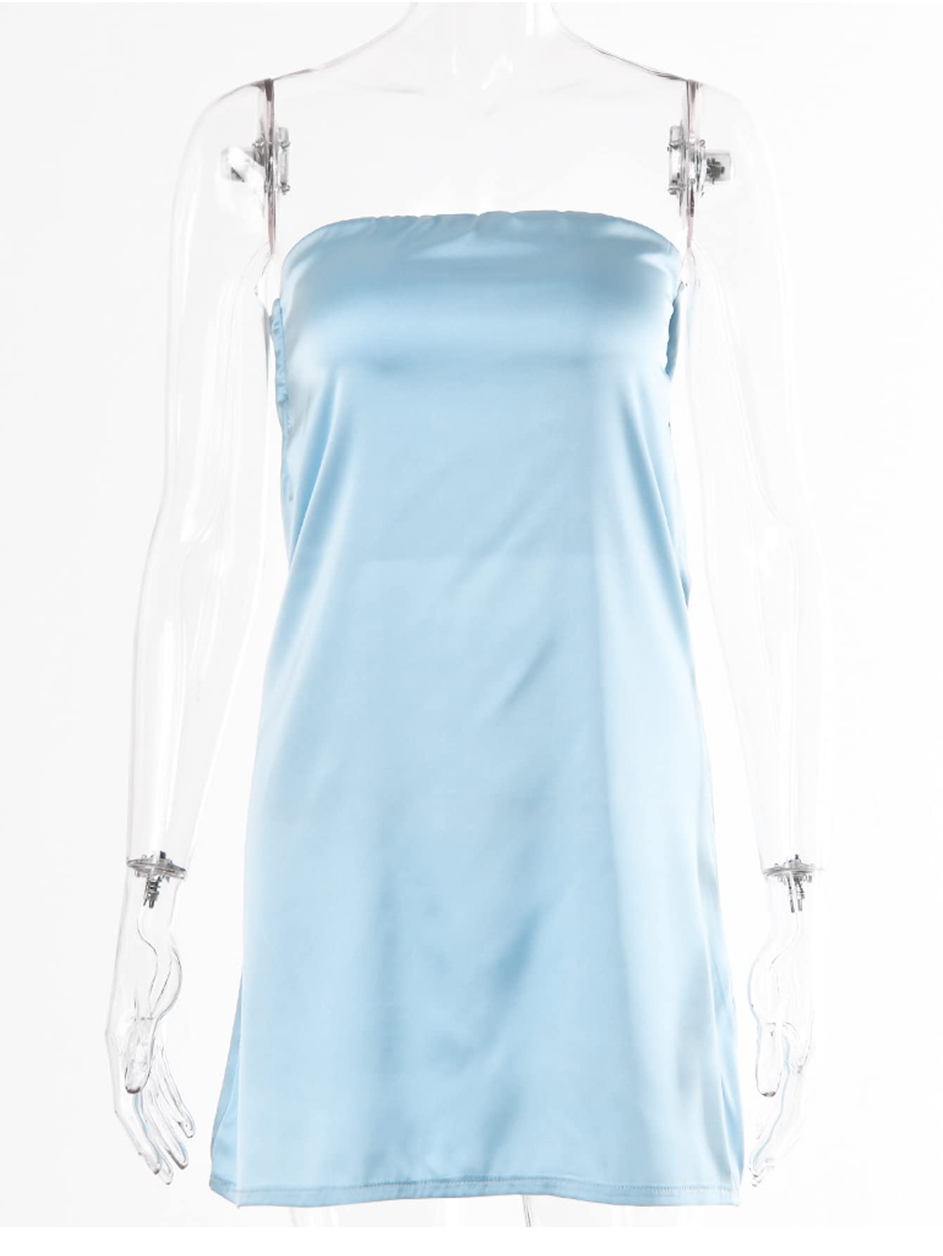 LYANER Women's Satin Silk Hollow Out Back Strapless Tube Bodycon Club Mini Dress Blue# Medium
