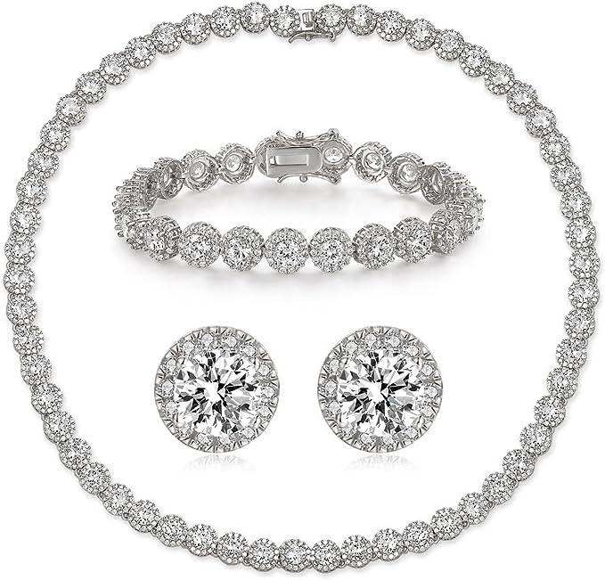 Gemsme 18K White Gold Plated Cubic Zirconia Tennis Necklace/Bracelet/Stud Earrings Set for Women Men Hypoallergenic Silver Halo Jewelry Pack of 3