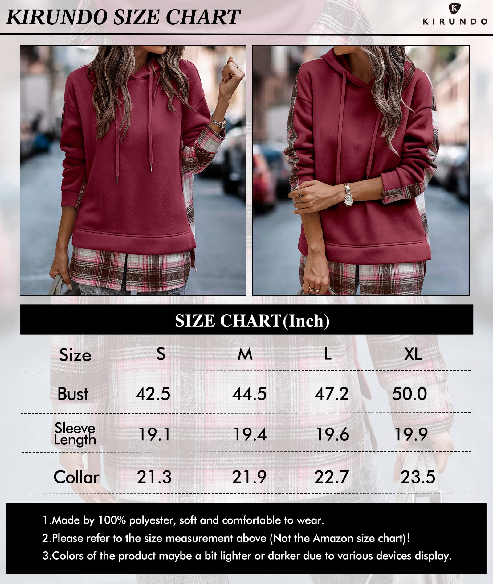 KIRUNDO Womens Hoodies Fashion Fall Casual Long Sleeve Plaid Patchwork Hooded Sweatshirts Y2K Clothes Pullover(Grey, Large)