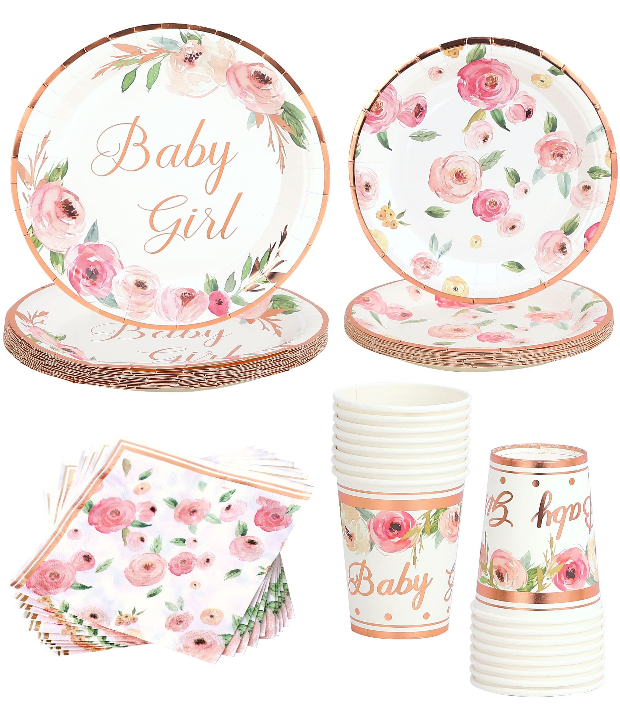 Rose Gold Baby Shower Plates and Napkins Girl - Serves 16 - Floral Baby Shower Decorations for Girl Baby Shower Favor Decor Party Supplies