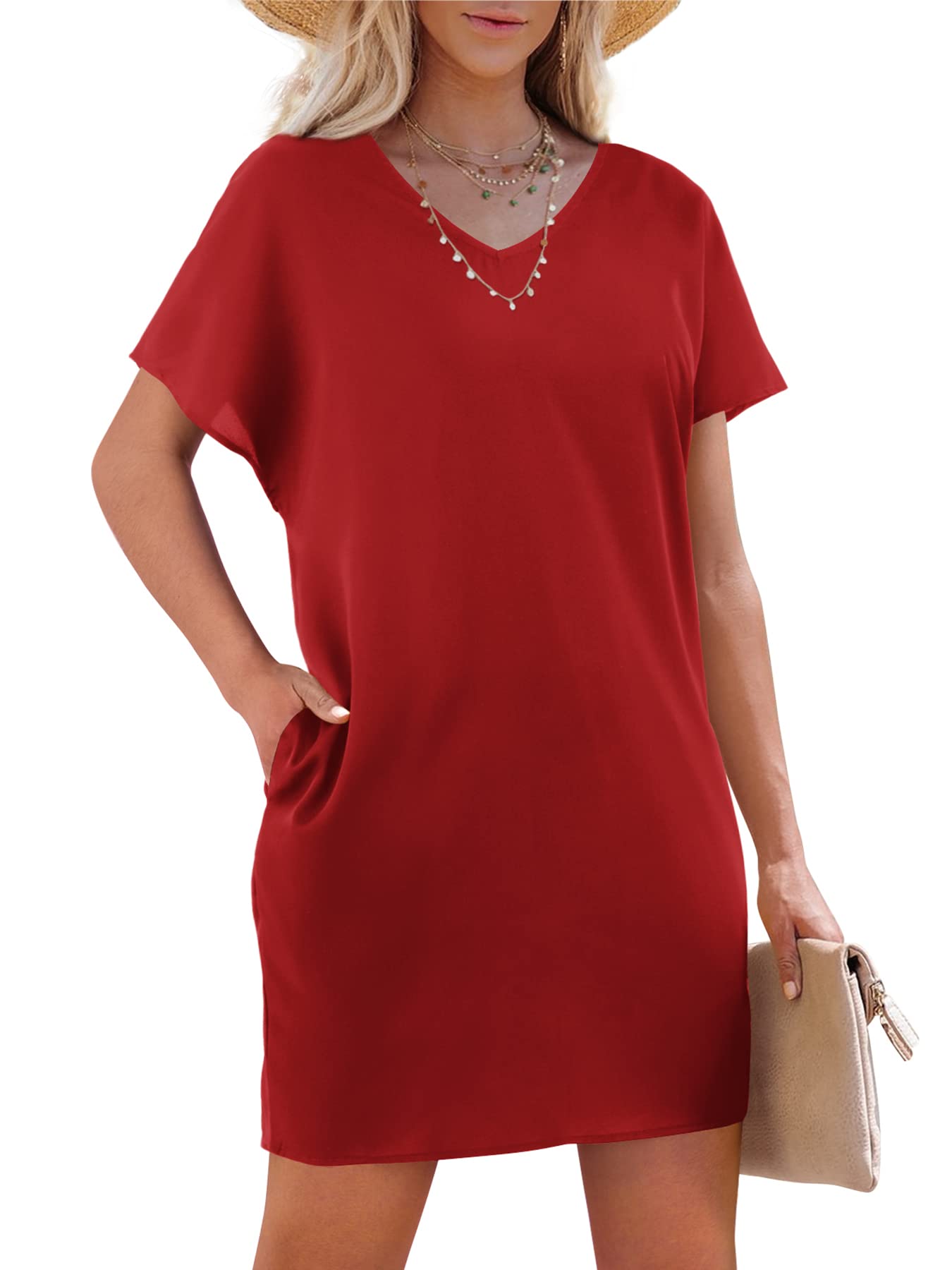 Amoretu Travel Tresses for Women 2024 V Neck Short Sleeve Dresses Solid Cute Dresses Ladies L Red