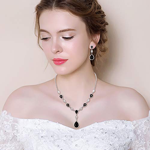 EleQueen Women's Cubic Zirconia Teardrop Y-Necklaces Dangle Earrings Sets for Brides Bridesmaids Black Silver-Tone