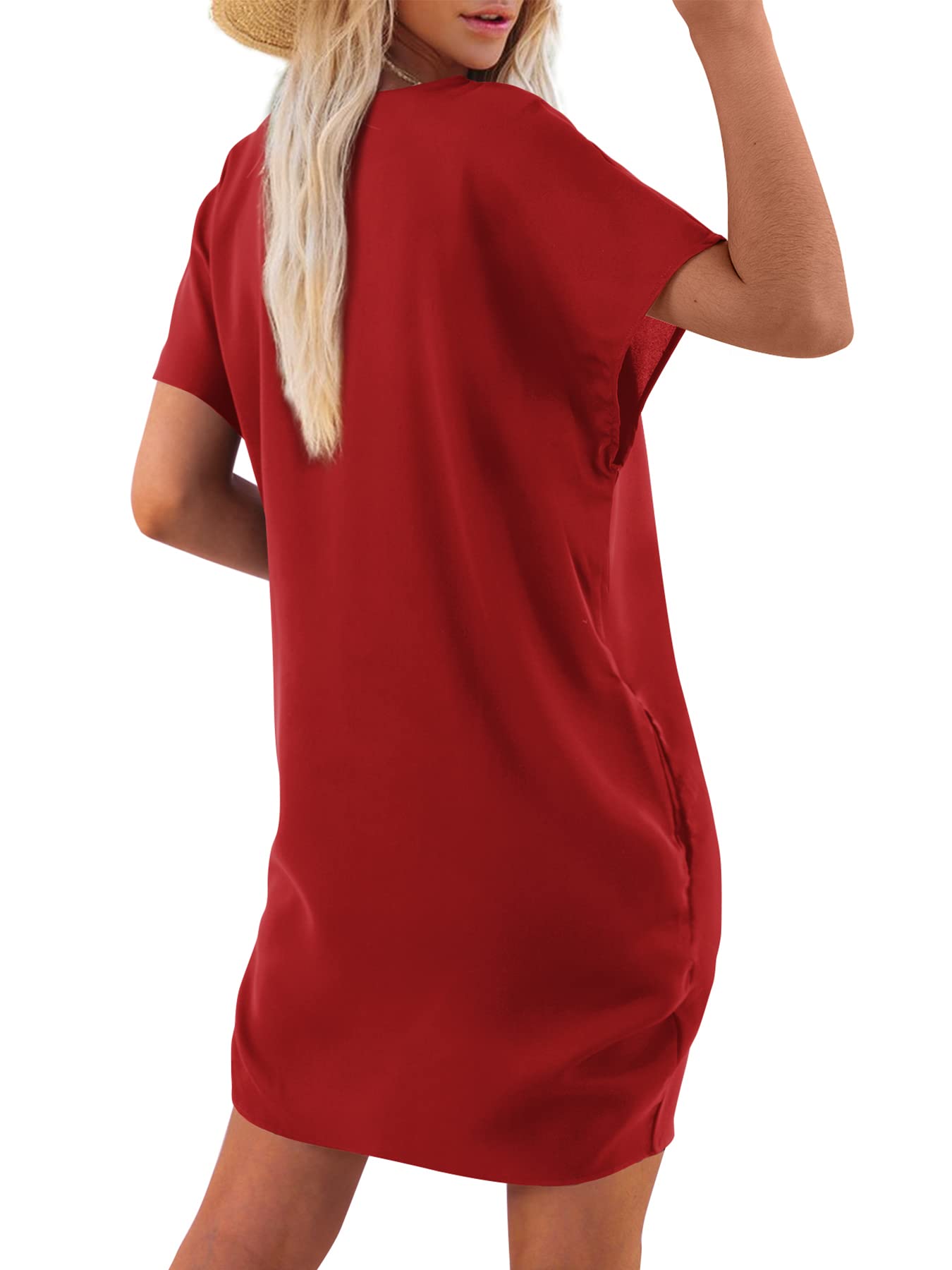Amoretu Travel Tresses for Women 2024 V Neck Short Sleeve Dresses Solid Cute Dresses Ladies L Red