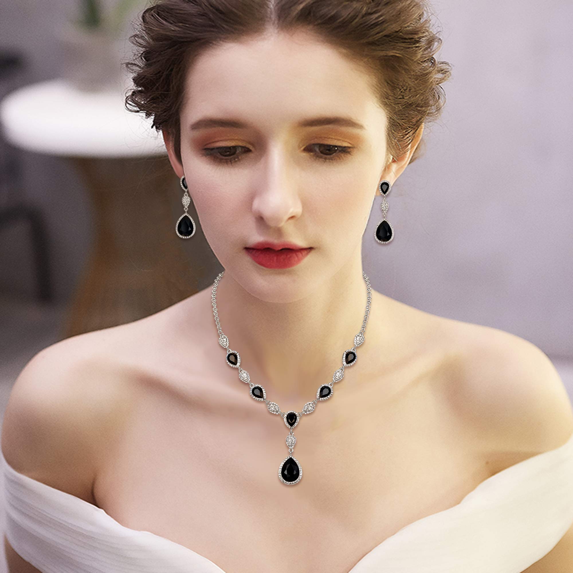EleQueen Women's Cubic Zirconia Teardrop Y-Necklaces Dangle Earrings Sets for Brides Bridesmaids Black Silver-Tone