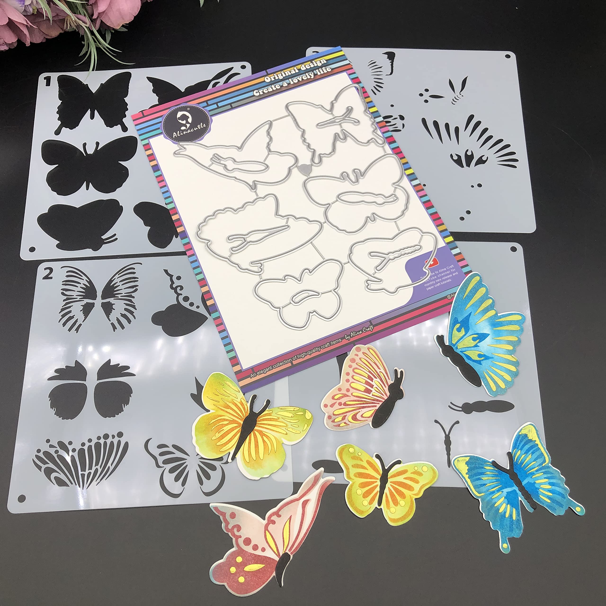 Alinacutle Layering Butterfly Stencil with Metal Die Cuts Dies Plastic Stencils Painting Stencils Template for Card Making DIY Painting on Wood Wall Furniture Decor