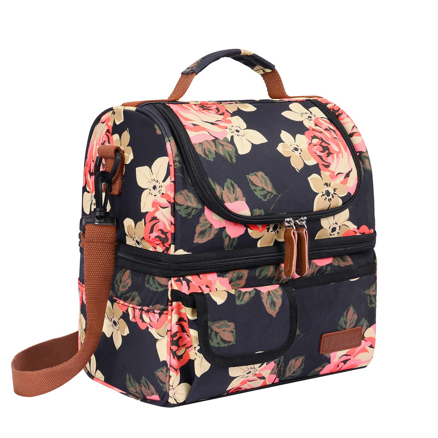 LOKASS Lunch Bag Women Double Deck Insulated Lunch Box Large Cooler Tote Bag with Removable Shoulder Strap Wide Open Thermal Meal Prep Lunch Organizer Box for Adults Work/College/Outdoor, Black Peony