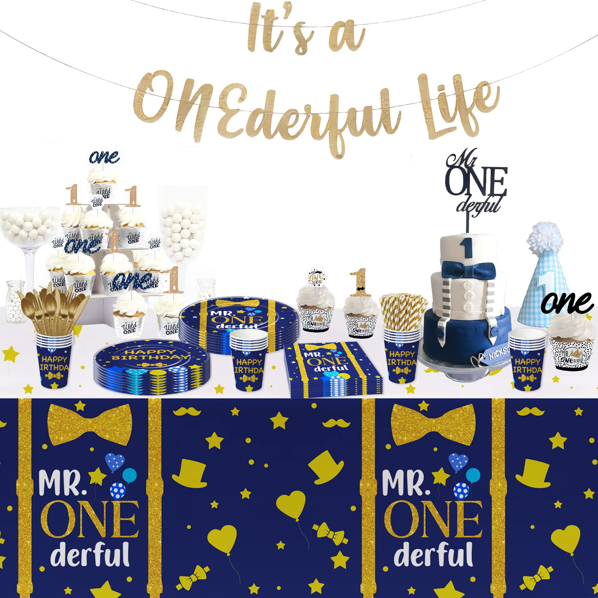 APOWBLS Mr Onederful Birthday Tablecloth Decorations Boy - Disposable Onederful 1st Birthday Party Supplies Table Cover, Baby Boy First Birthday Decorations Table Cloth - 2 Pack (54in x 108in)