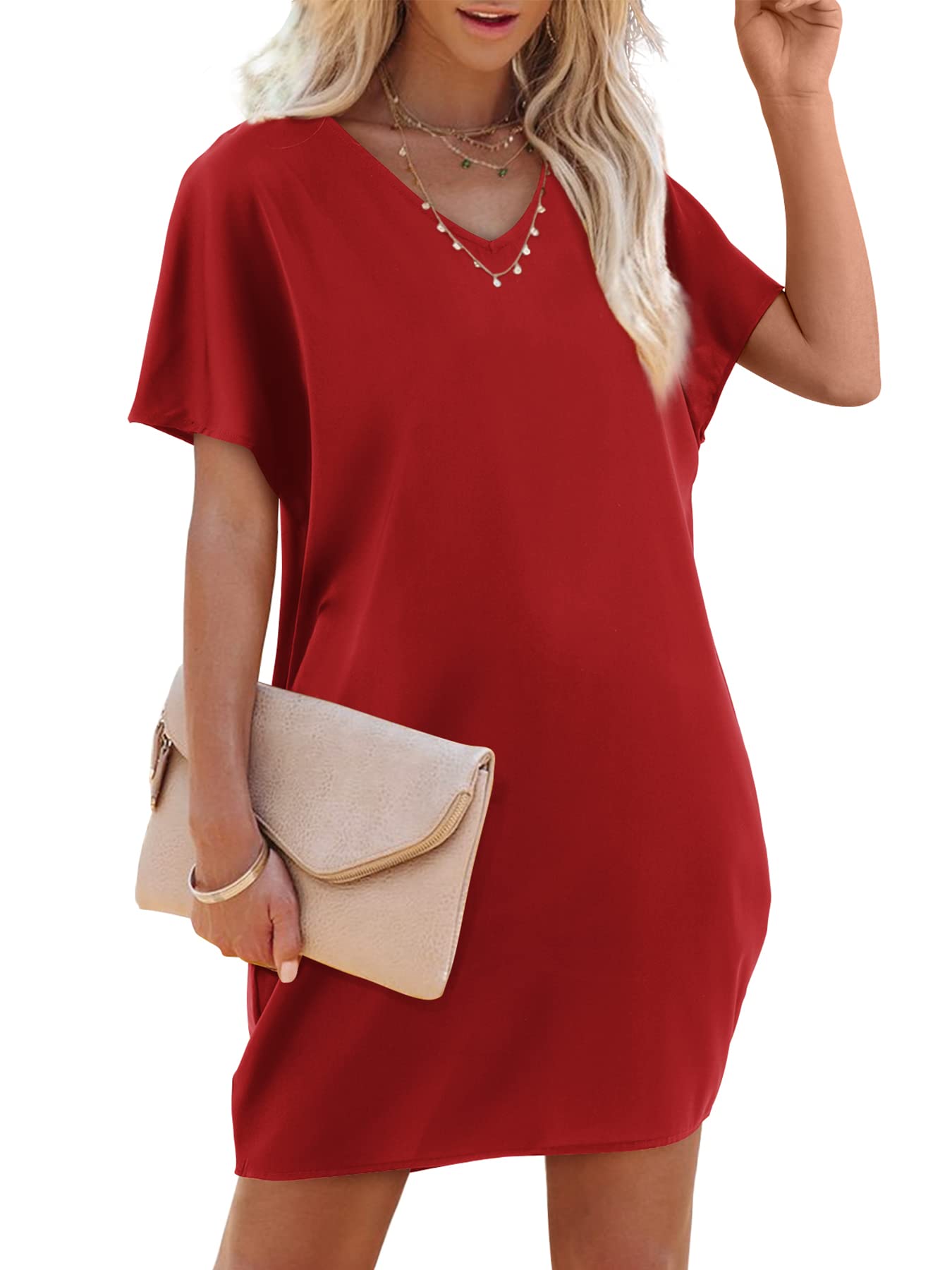 Amoretu Travel Tresses for Women 2024 V Neck Short Sleeve Dresses Solid Cute Dresses Ladies L Red
