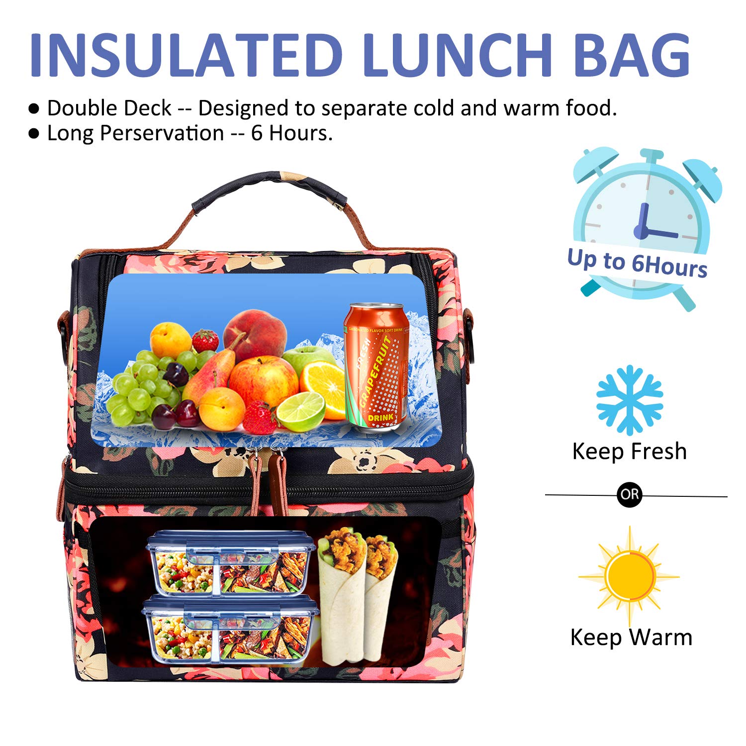 LOKASS Lunch Bag Women Double Deck Insulated Lunch Box Large Cooler Tote Bag with Removable Shoulder Strap Wide Open Thermal Meal Prep Lunch Organizer Box for Adults Work/College/Outdoor, Black Peony
