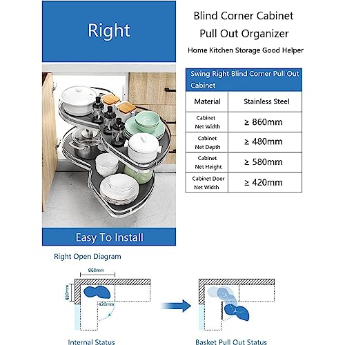 YEKIM Right Turn Blind Corner Pull Out Cabinet, 2 Tier Soft Close Swing Tray, Corner Swivel Cabinet Organizer, for 860Mm Cabinets,Left