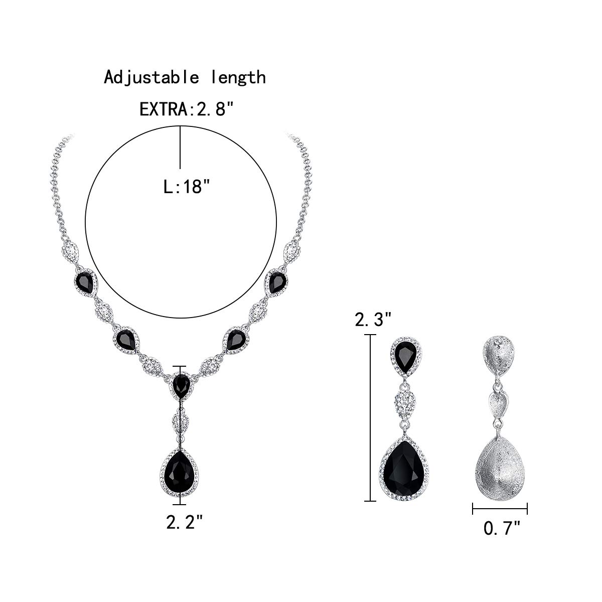 EleQueen Women's Cubic Zirconia Teardrop Y-Necklaces Dangle Earrings Sets for Brides Bridesmaids Black Silver-Tone