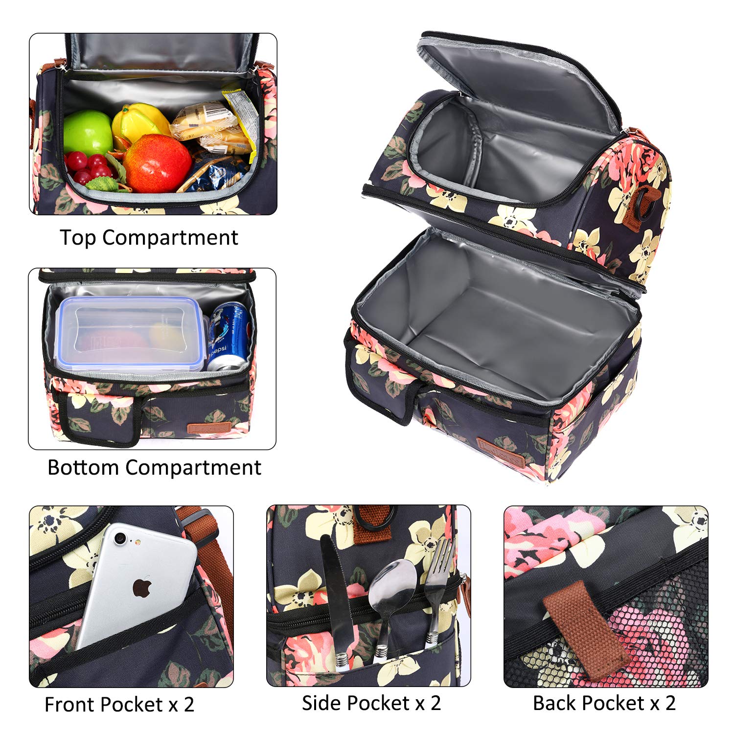 LOKASS Lunch Bag Women Double Deck Insulated Lunch Box Large Cooler Tote Bag with Removable Shoulder Strap Wide Open Thermal Meal Prep Lunch Organizer Box for Adults Work/College/Outdoor, Black Peony