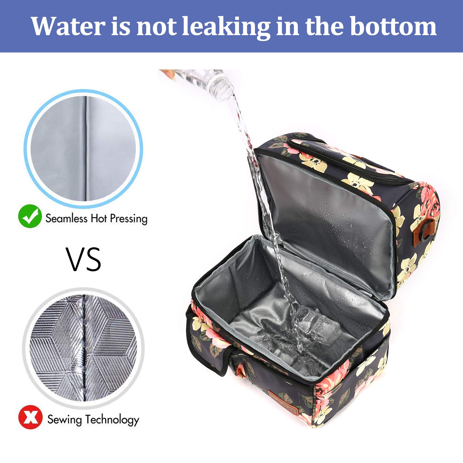 LOKASS Lunch Bag Women Double Deck Insulated Lunch Box Large Cooler Tote Bag with Removable Shoulder Strap Wide Open Thermal Meal Prep Lunch Organizer Box for Adults Work/College/Outdoor, Black Peony