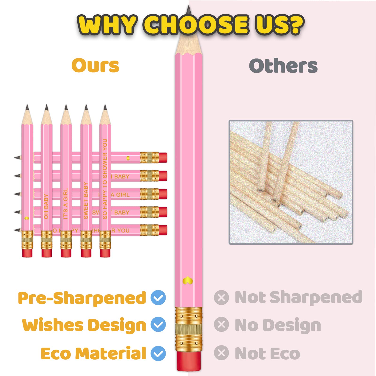 Vusnud 50 Packs - Baby Shower Sharpened Half Pencils with Erasers, Pre-sharpened Pencils for Baby Shower Games, 4 Inches