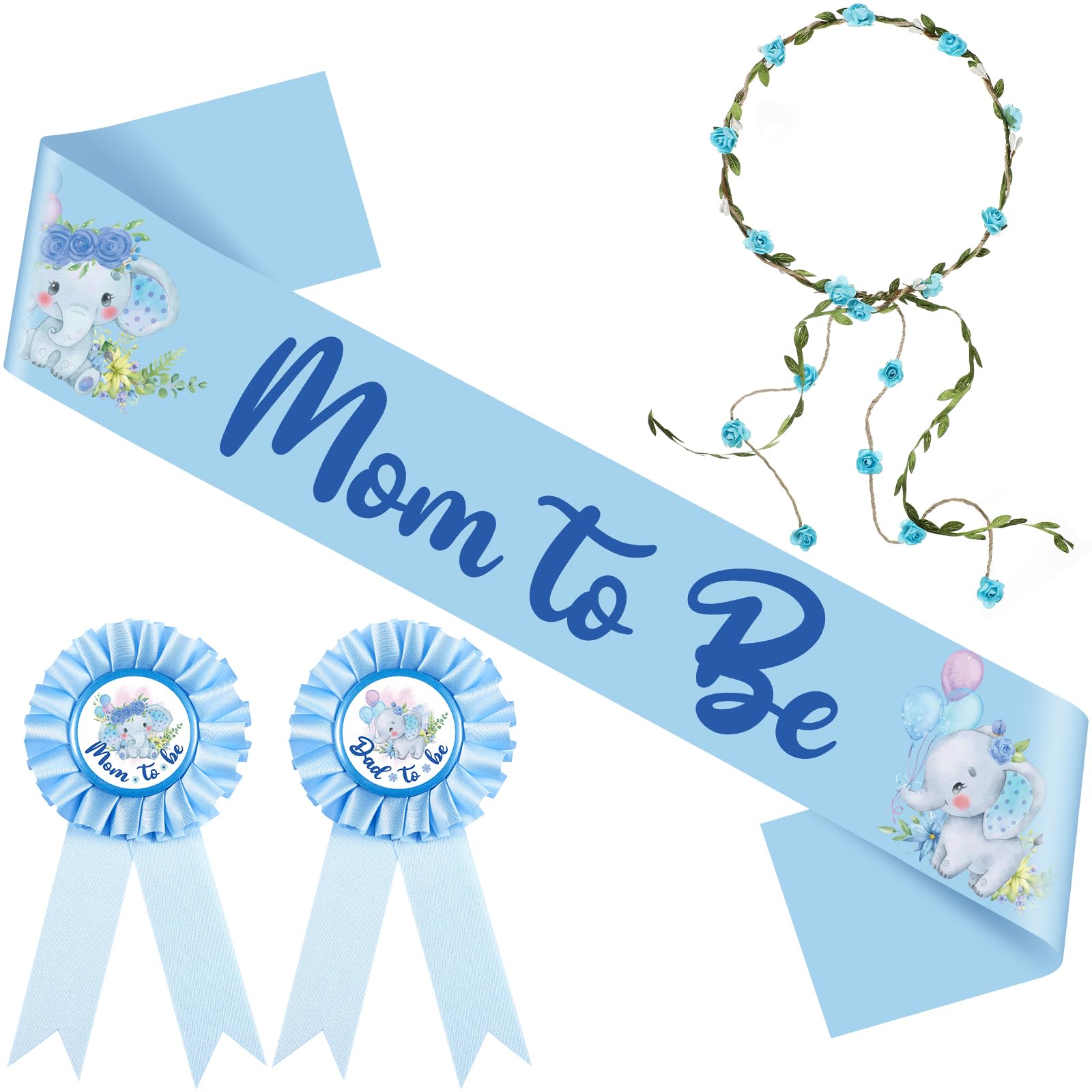 Chunful Elephant Theme Baby Shower Sash Mom to Be Sash and Dad to Be Pin Flower Crown for Gender Reveals Party Baby Shower Party Favors Decorations for Boys and Girls Pregnancy Props Gift (Blue)