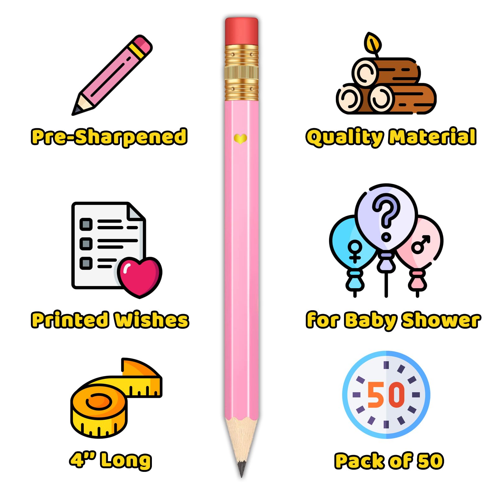 Vusnud 50 Packs - Baby Shower Sharpened Half Pencils with Erasers, Pre-sharpened Pencils for Baby Shower Games, 4 Inches