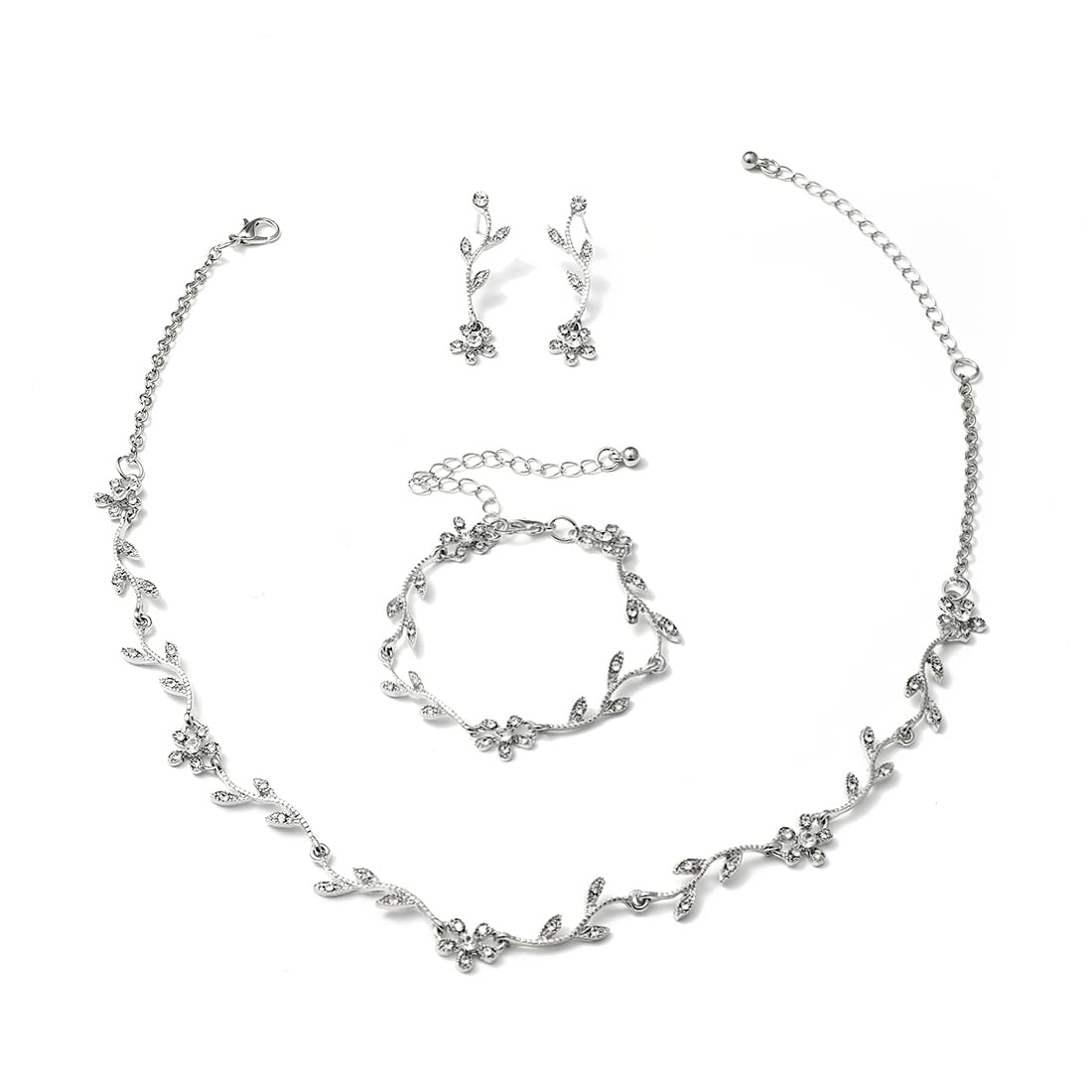 Hapibuy Crystal Necklace Earrings Bracelet Bridal Wedding Jewelry Set Rhinestone Choker Necklace For Brides Bridesmaid Silver