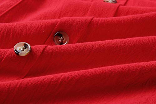 Womens Summer Button Down Casual Swing Plain Solid Midi Dress Pockets Red X-Large