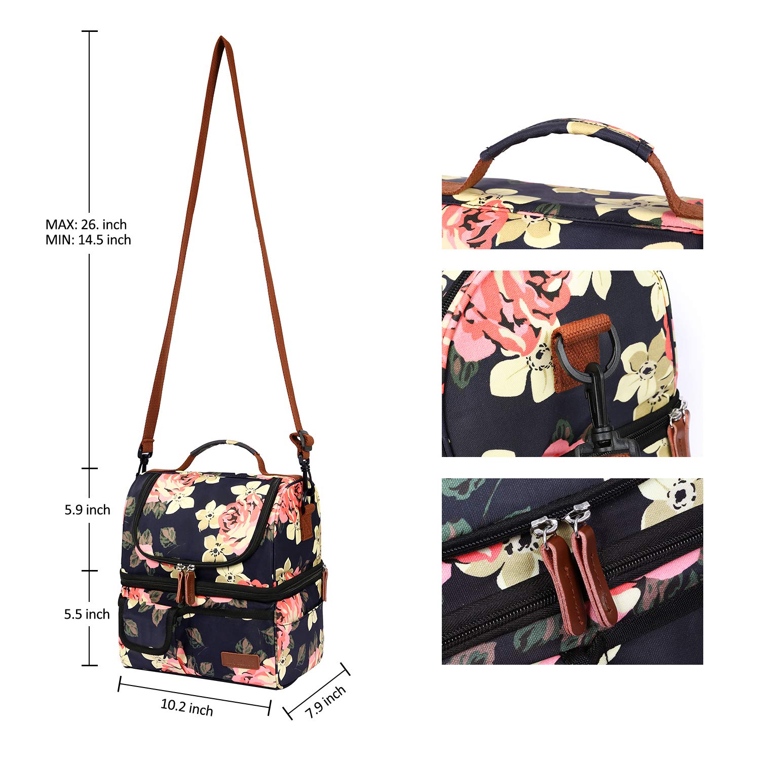 LOKASS Lunch Bag Women Double Deck Insulated Lunch Box Large Cooler Tote Bag with Removable Shoulder Strap Wide Open Thermal Meal Prep Lunch Organizer Box for Adults Work/College/Outdoor, Black Peony