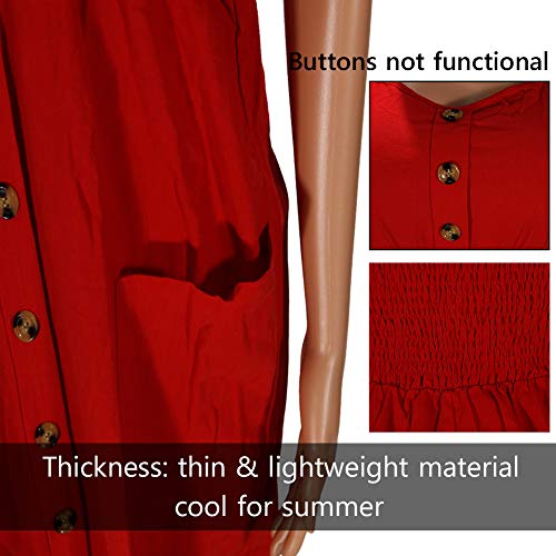 Womens Summer Button Down Casual Swing Plain Solid Midi Dress Pockets Red X-Large