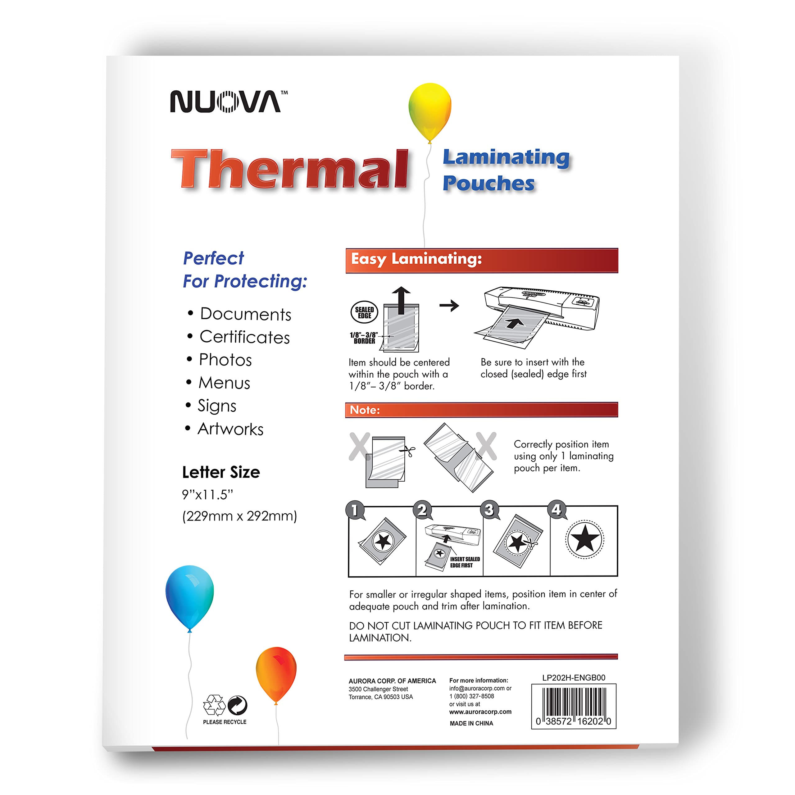 Aurora Premium Thermal Laminating Pouches LP202H, 9" x 11.5"/Letter Size/3 mil, 200-Pack, Clear