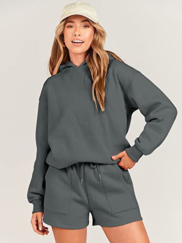 ANRABESS Women 2 Piece Outfit Oversized Hoodie Sweatshirt Shorts Lounge Sweat Set Sweatsuit Tracksuit 2025 Trendy Y2K Clothes Dark Grey Medium