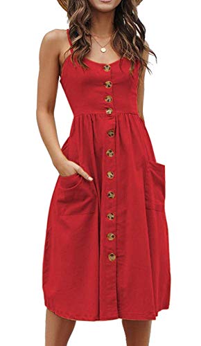 Womens Summer Button Down Casual Swing Plain Solid Midi Dress Pockets Red X-Large