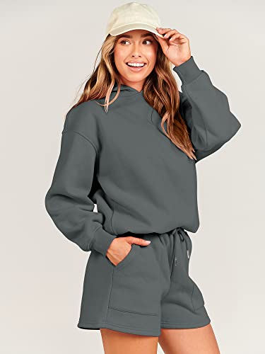 ANRABESS Women 2 Piece Outfit Oversized Hoodie Sweatshirt Shorts Lounge Sweat Set Sweatsuit Tracksuit 2025 Trendy Y2K Clothes Dark Grey Medium