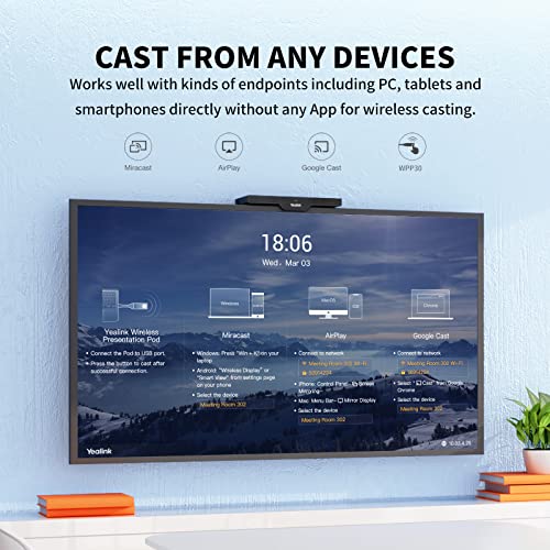 Yealink RoomCast 4-Screen Sharing Wireless Presentation System HDMI Transmitter and Receiver 4K Plug & Play, Miracast Airplay Google Cast WPP30 4-Way Collaboration with Yealink A20 A30, no App Needed