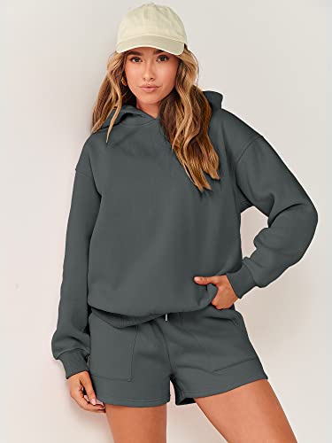ANRABESS Women 2 Piece Outfit Oversized Hoodie Sweatshirt Shorts Lounge Sweat Set Sweatsuit Tracksuit 2025 Trendy Y2K Clothes Dark Grey Medium