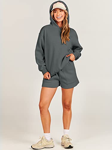 ANRABESS Women 2 Piece Outfit Oversized Hoodie Sweatshirt Shorts Lounge Sweat Set Sweatsuit Tracksuit 2025 Trendy Y2K Clothes Dark Grey Medium