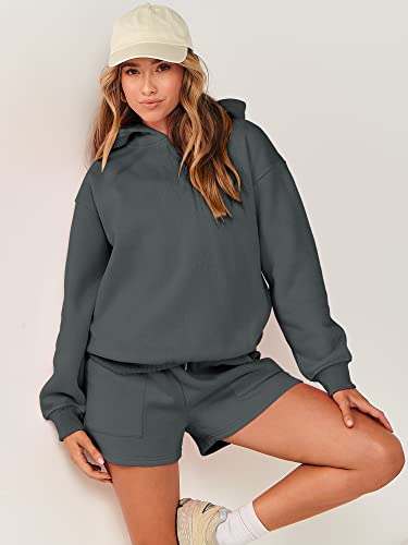 ANRABESS Women 2 Piece Outfit Oversized Hoodie Sweatshirt Shorts Lounge Sweat Set Sweatsuit Tracksuit 2025 Trendy Y2K Clothes Dark Grey Medium
