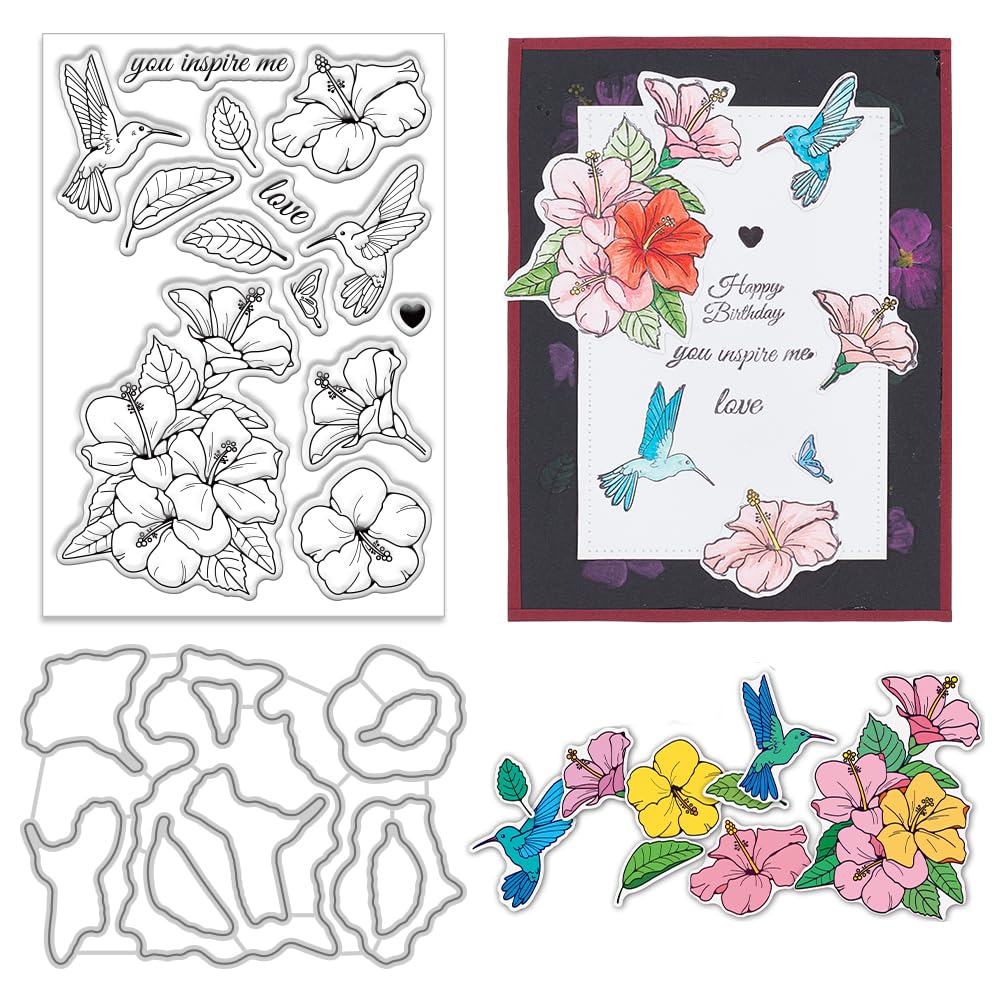 INFUNLY Die and Stamp Set for Card Making Hibiscus Flower Cutting Dies Clear Stamp Set Hummingbird Silicone Stamps Die Cut 3D Stencil Template for DIY Scrapbooking Christmas Craft Album Decoration