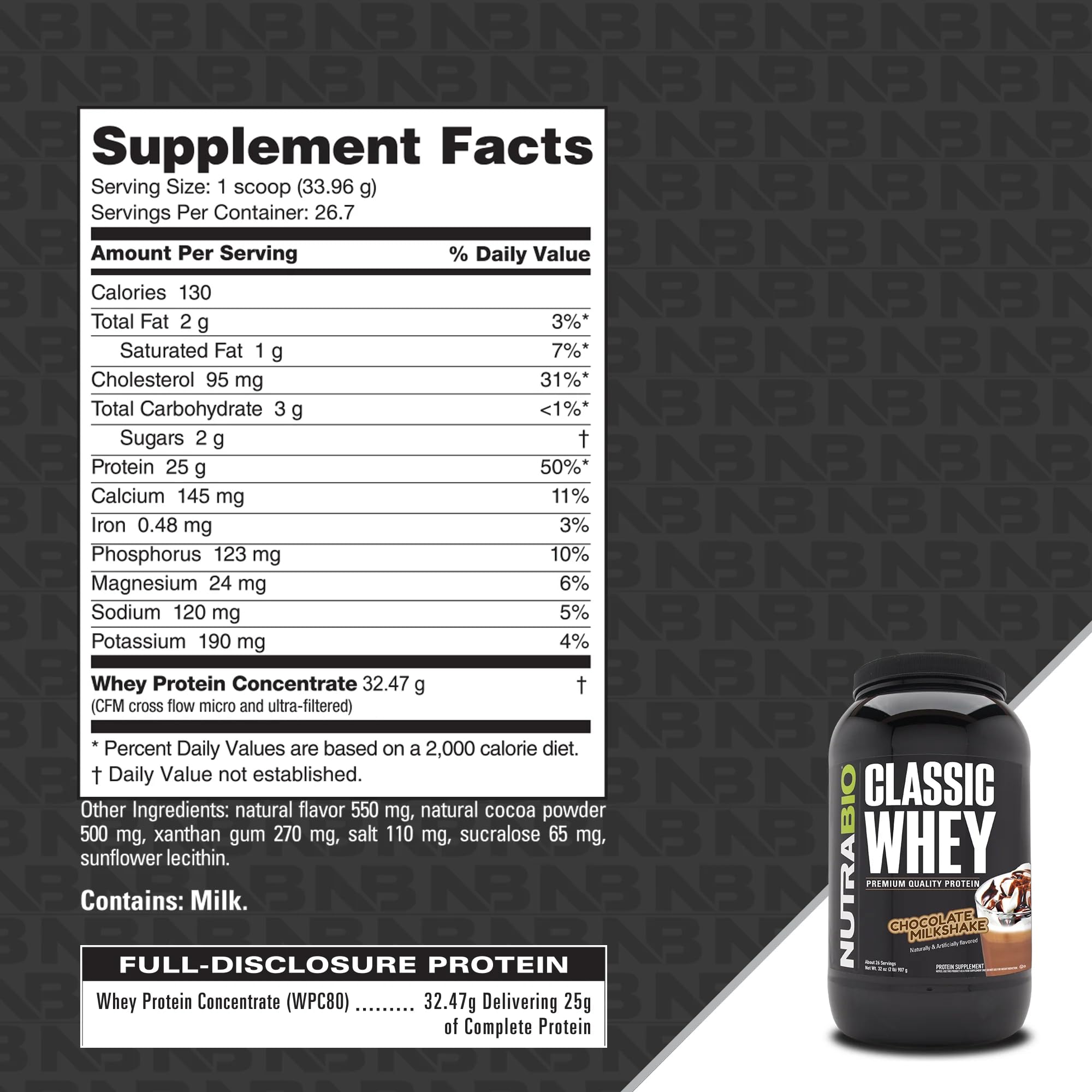 NutraBio Classic Whey Protein Powder- 25G of Protein Per Scoop - No Fillers, Artificial Colors, Preservatives - Chocolate Milkshake, 2 Pounds
