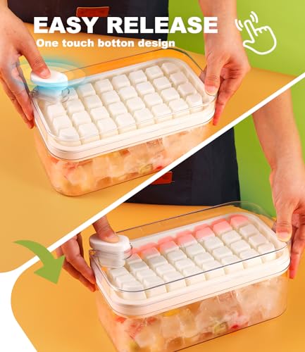 Ice Cube Trays with LId and Bin, Easy Release Ice Trays for Freezer, 2 Pack Ice Cube Molds, 64 Pcs Ice Cube Tray, Large Capacity Ice Tray Holder, Includes Ice Tong, Ice Spoon, for Whiskey, Cocktail.