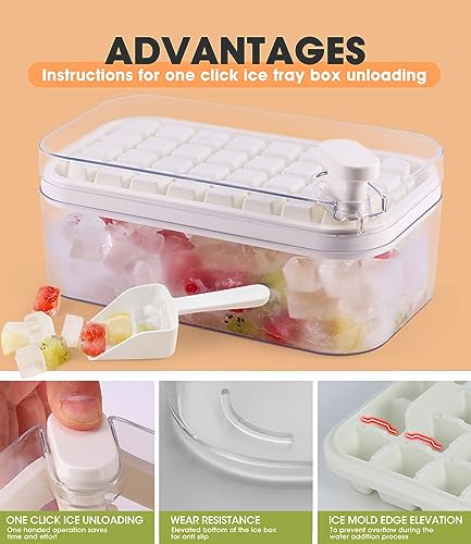 Ice Cube Trays with LId and Bin, Easy Release Ice Trays for Freezer, 2 Pack Ice Cube Molds, 64 Pcs Ice Cube Tray, Large Capacity Ice Tray Holder, Includes Ice Tong, Ice Spoon, for Whiskey, Cocktail.