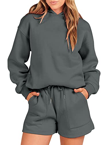 ANRABESS Women 2 Piece Outfit Oversized Hoodie Sweatshirt Shorts Lounge Sweat Set Sweatsuit Tracksuit 2025 Trendy Y2K Clothes Dark Grey Medium