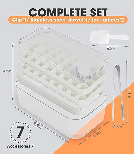 Ice Cube Trays with LId and Bin, Easy Release Ice Trays for Freezer, 2 Pack Ice Cube Molds, 64 Pcs Ice Cube Tray, Large Capacity Ice Tray Holder, Includes Ice Tong, Ice Spoon, for Whiskey, Cocktail.