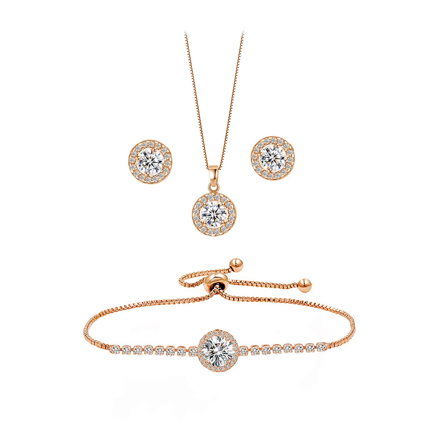 UDYLGOON Round Earrings Necklace Bracelet Jewelry Set for Women Bridal Bridesmaid Party Prom Daily Wedding (Rose Gold)