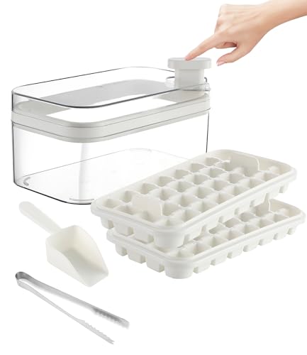 Ice Cube Trays with LId and Bin, Easy Release Ice Trays for Freezer, 2 Pack Ice Cube Molds, 64 Pcs Ice Cube Tray, Large Capacity Ice Tray Holder, Includes Ice Tong, Ice Spoon, for Whiskey, Cocktail.