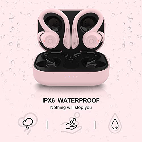 Pink Over Ear Wireless Earbuds with Earhooks Running Bluetooth Earbuds with ear hook Waterproof Small Earphones in Ear Headphones Noise Cancelling Headset Android Ear Buds for Workout Sport Gym